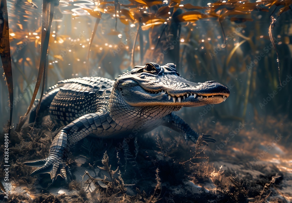 Underwater view of an alligator swimming in the swamp, showcasing its ...