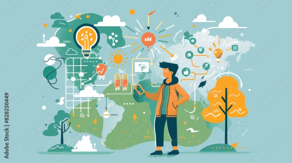 An illustration in 2D flat style displaying a weather map with various ...