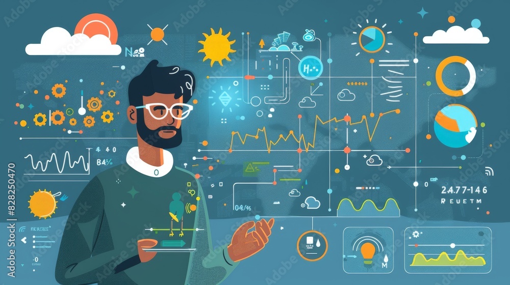 An illustration in 2D flat style displaying a weather map with various ...