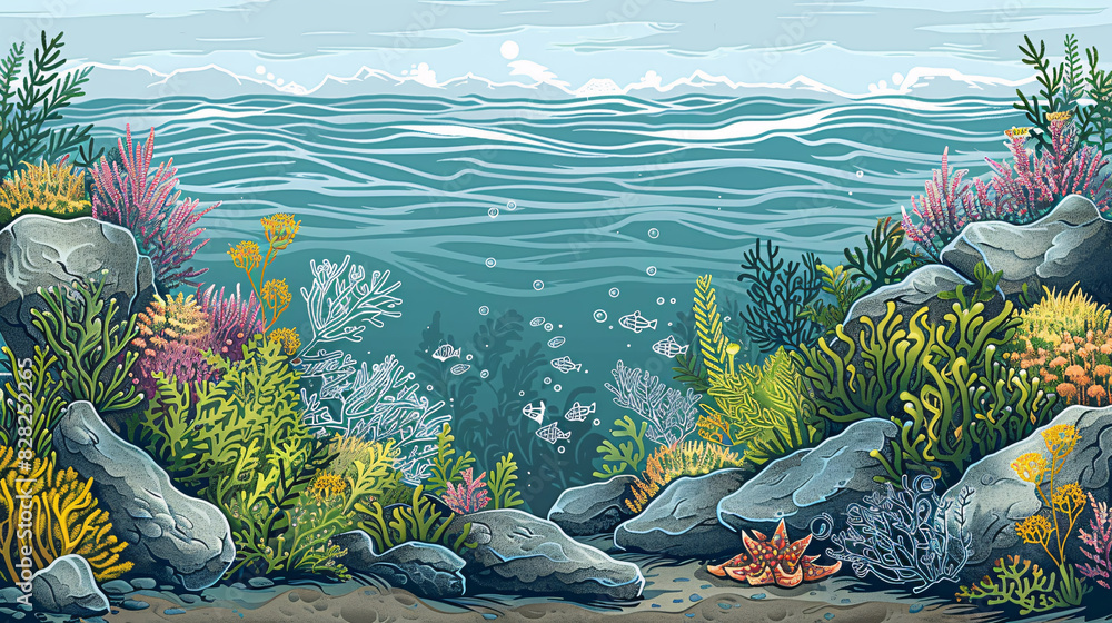 Cartoon drawing of seaweed and aquatic flora and fauna Stock ...