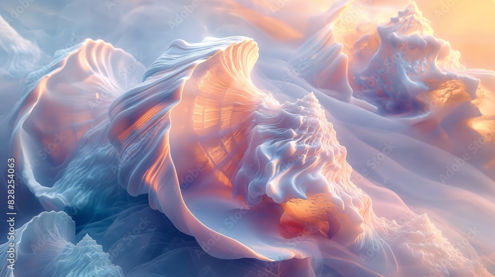 Abstract artwork depicting conch shells in pastel colors with a misty ...
