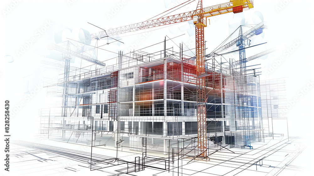 A 3D model of a building under construction. The model is made of light ...