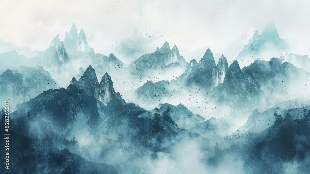 Illustrate the serene rear perspective of misty mountains and peaks ...