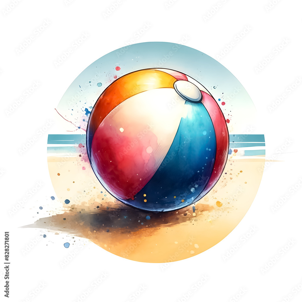An illustration for summer, rendered in watercolor style, Beach ball ...