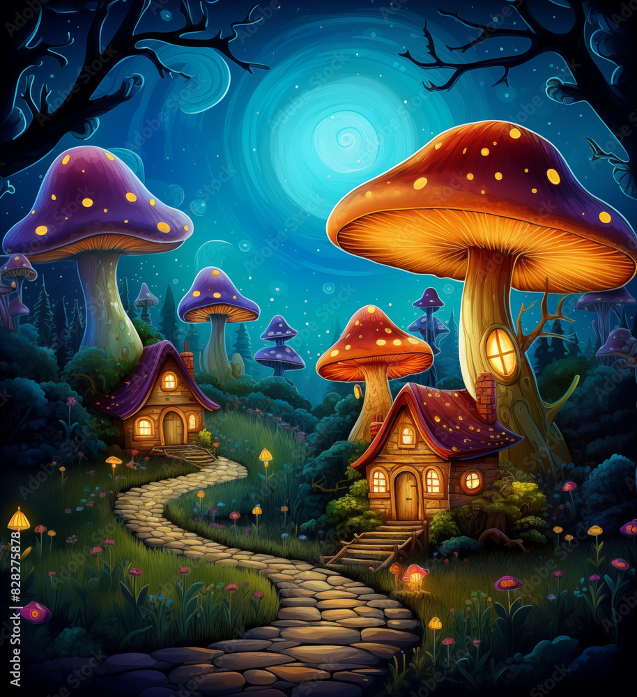 cartoon illustration of a fairy village with mushrooms and a pathway ...