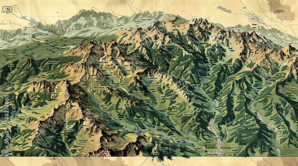 a detailed topographic map, showcasing a rugged mountain range with ...