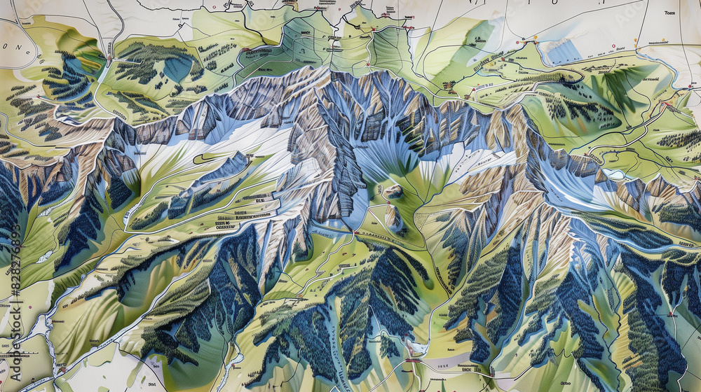 a detailed topographic map, showcasing a rugged mountain range with ...