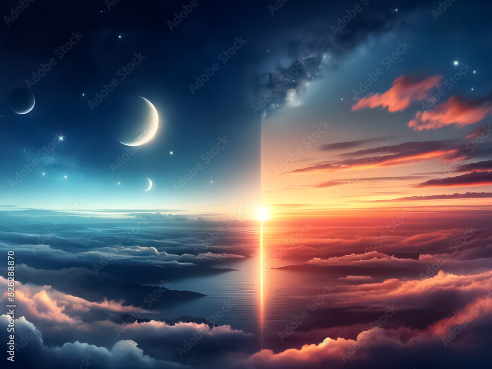 A surreal landscape depicting a transition between day and night ...