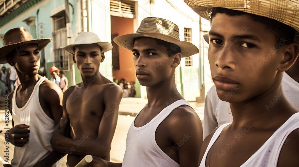 Young men of Cuba. Cuban men.Four young men wearing straw hats and ...