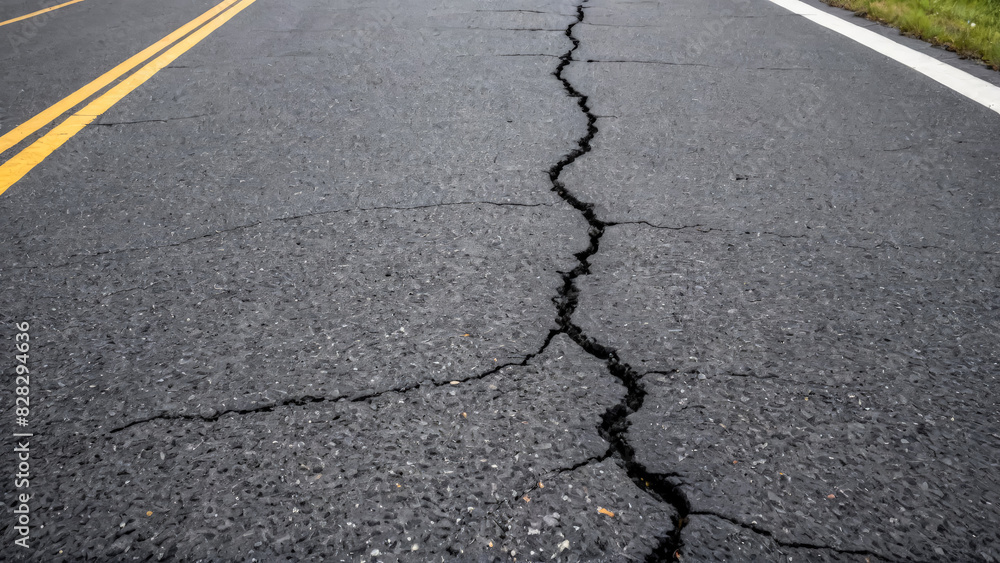 Asphalt road with deep, jagged cracks snaking across surface, remnants ...