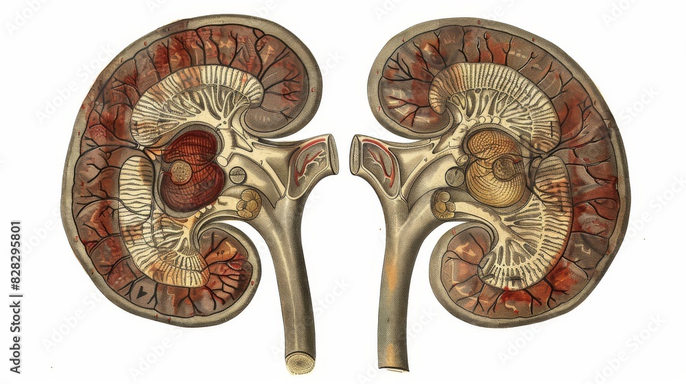 Antique diagram of the kidneys with intricate shading.academy,Full ...