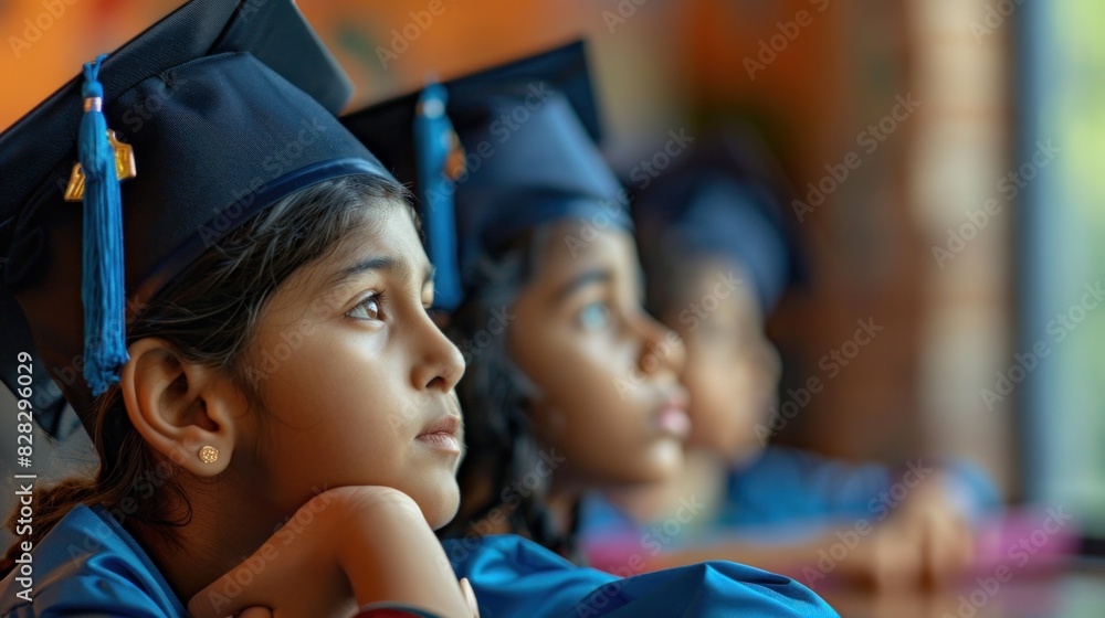 Indian school children wearing graduation caps while studying or ...