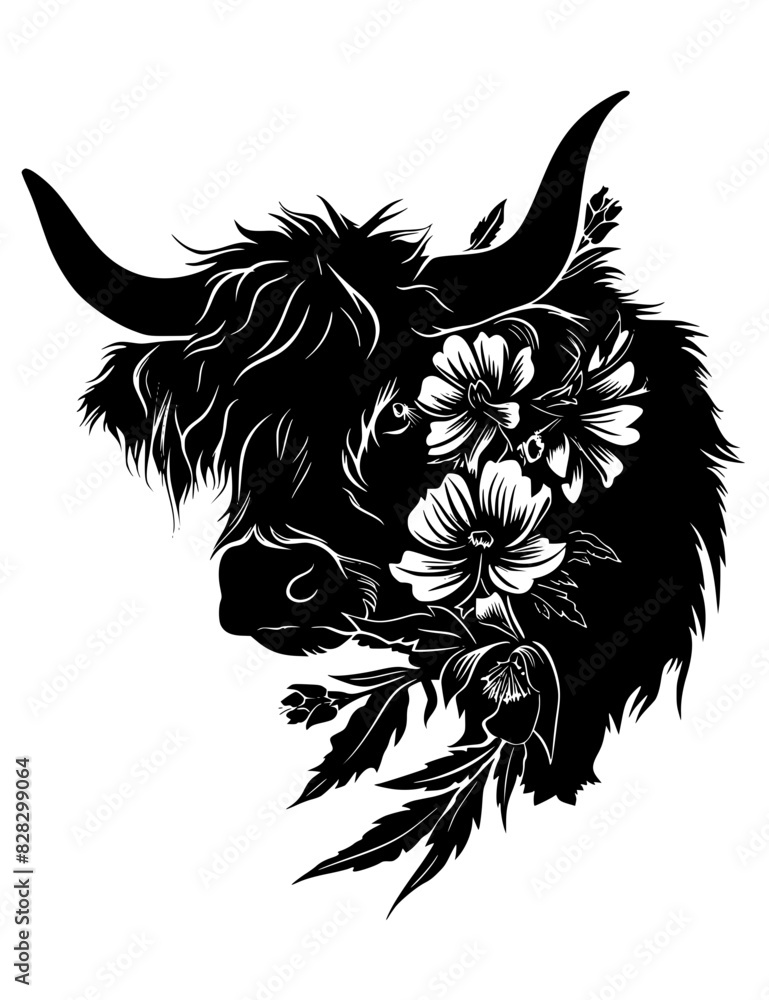 Floral Highland Cow Line Art Illustration, Black and white line art ...