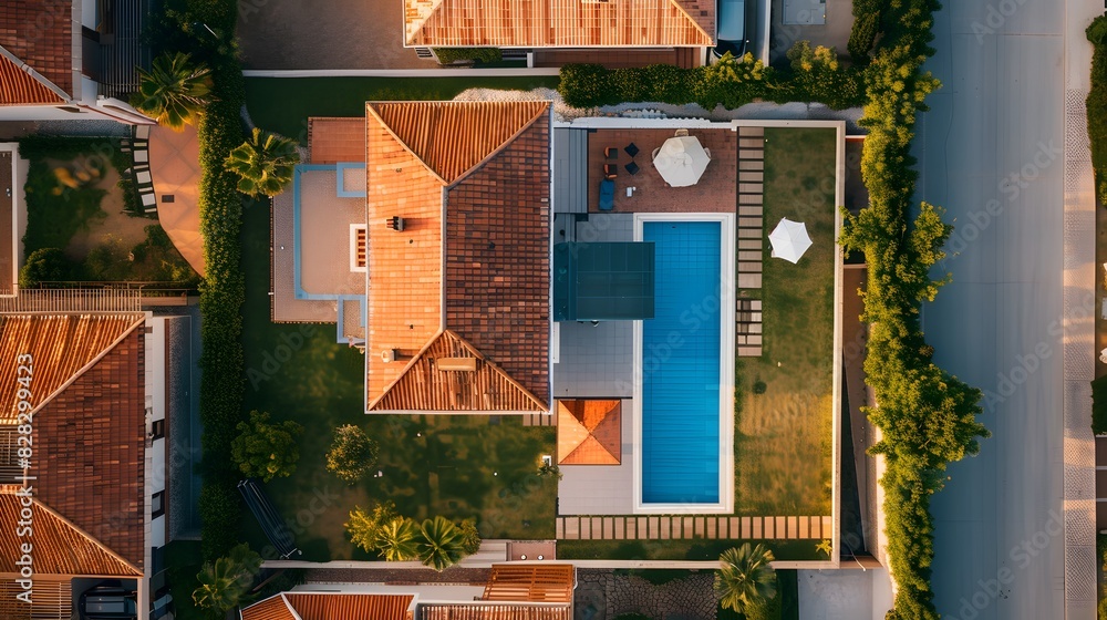 Aerial top view of villa house with pool, lawn and garage, with ...