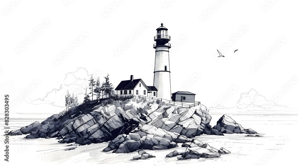lighthouse sketch, black and white illustration in lithograph style ...