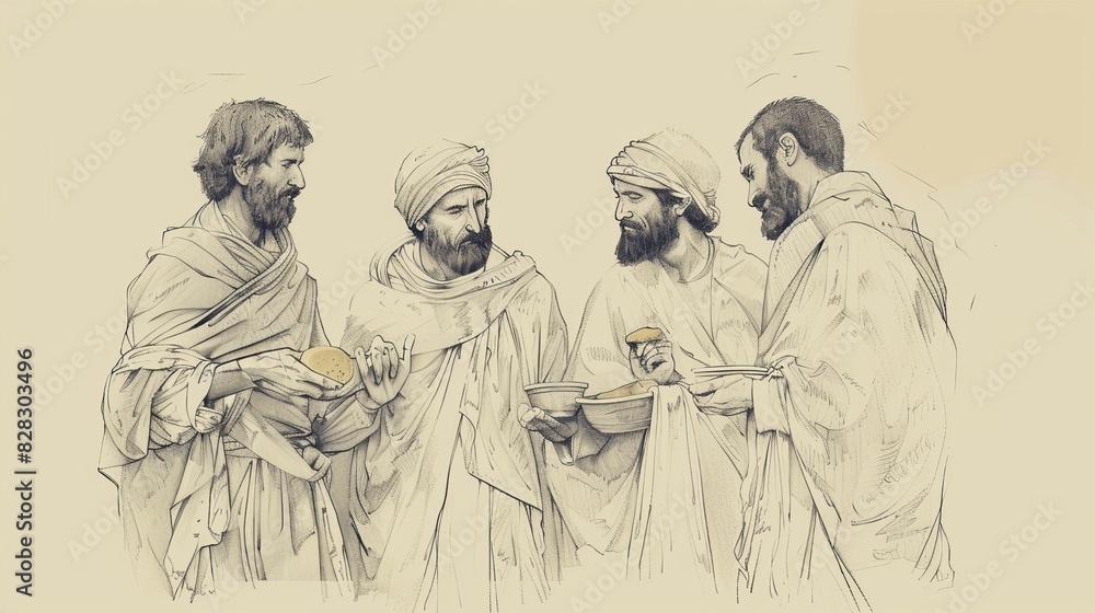 Biblical Illustration of Disciples on Emmaus Road, Jesus Breaking Bread ...