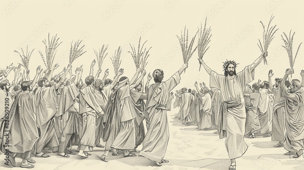 Biblical Illustration of Jesus Triumphal Entry, Crowds, Palm Branches ...