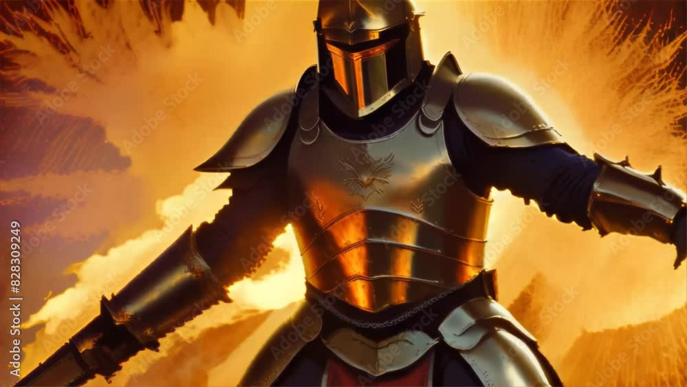 A powerful knight in shining armor holding a flaming sword against a ...