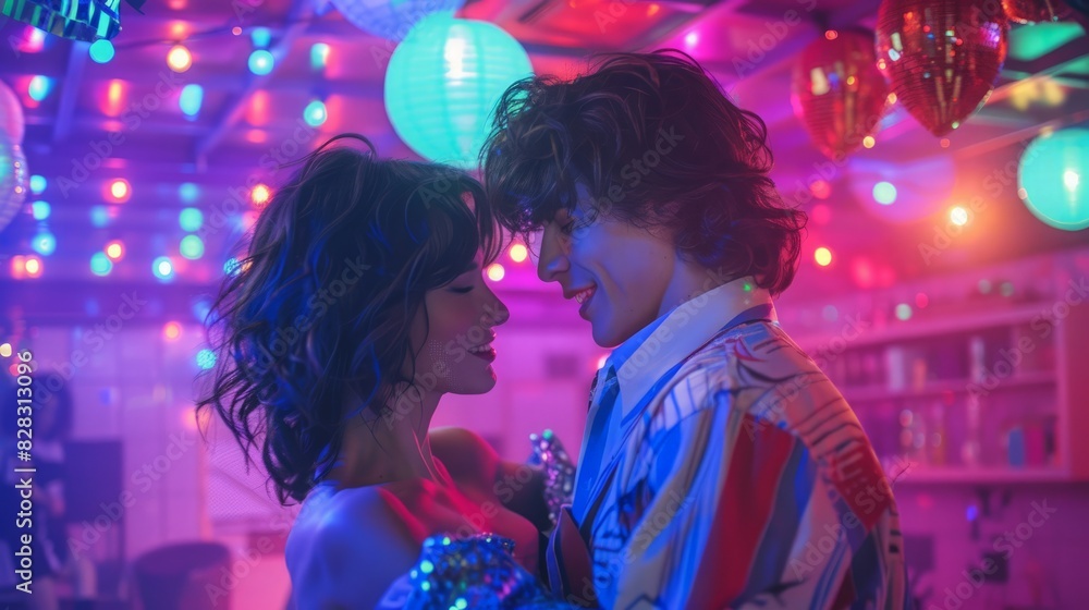 Neon Nights: Energetic Couple Dancing at 1980s-Themed Party in Retro ...
