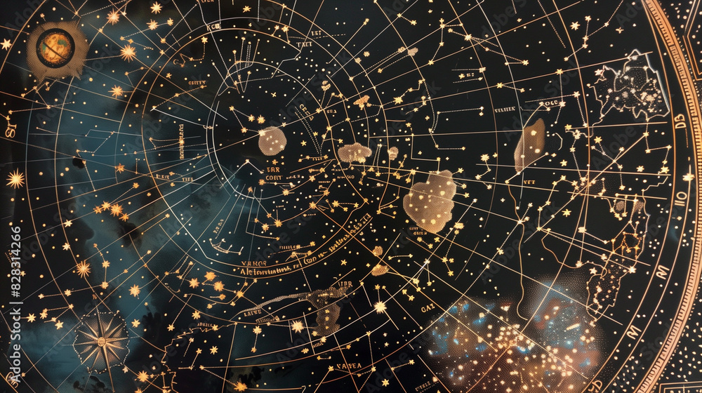 Create an intricate celestial map, charting the night sky with ...