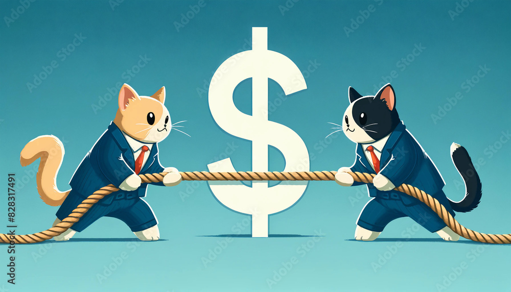 business competition cartoon style illustration. two cats wearing ...