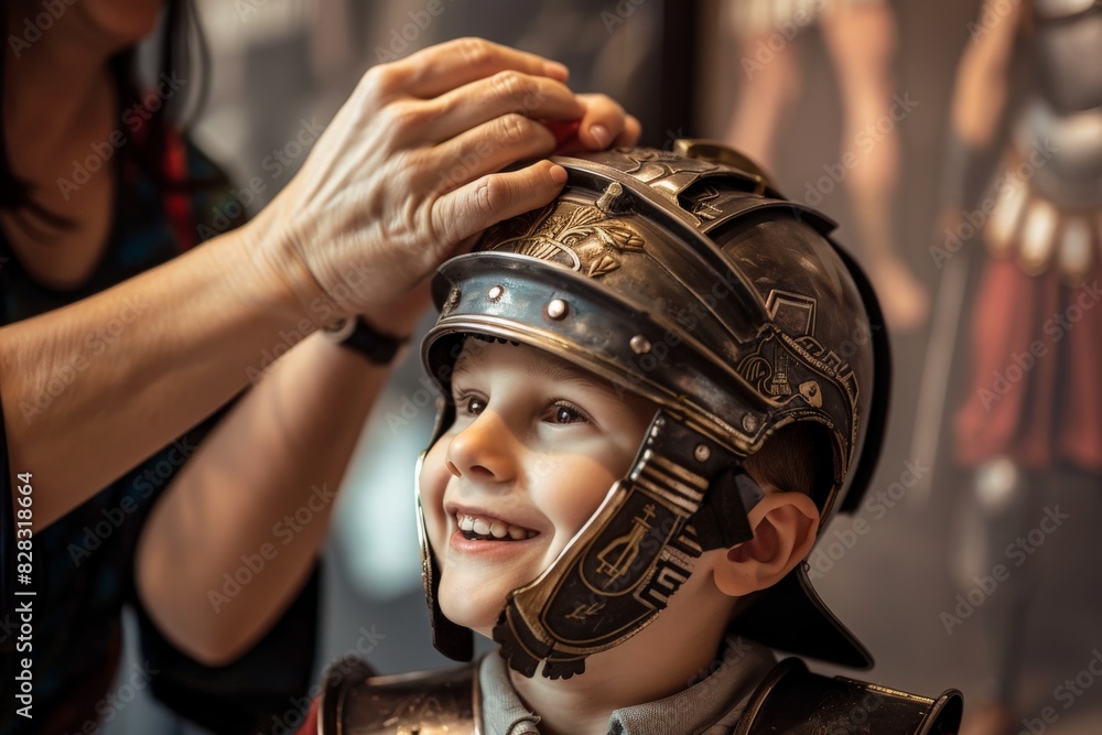 A happy Caucasian young boy smiling while he is trying a Roman galea in ...