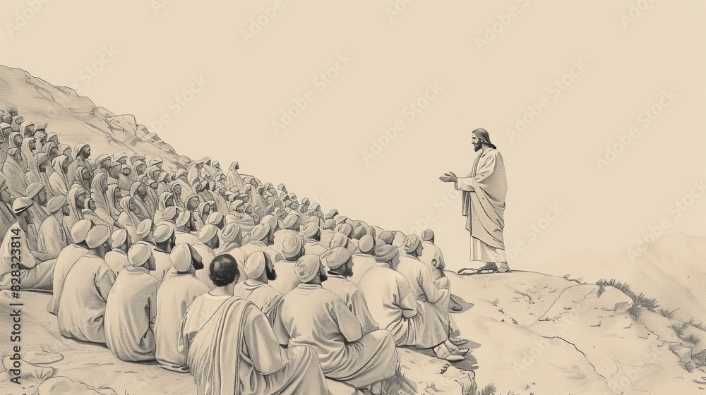 Jesus Teaching Beatitudes on Hillside, Sermon on the Mount, Biblical ...
