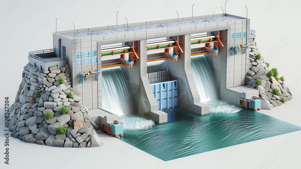 278 Illustration of a 3D model of a hydroelectric dam icon in bright ...