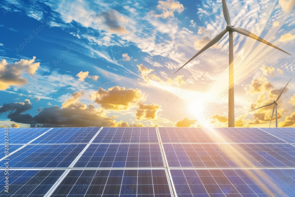 Renewable energy sources, close up, like solar and wind power, provide ...