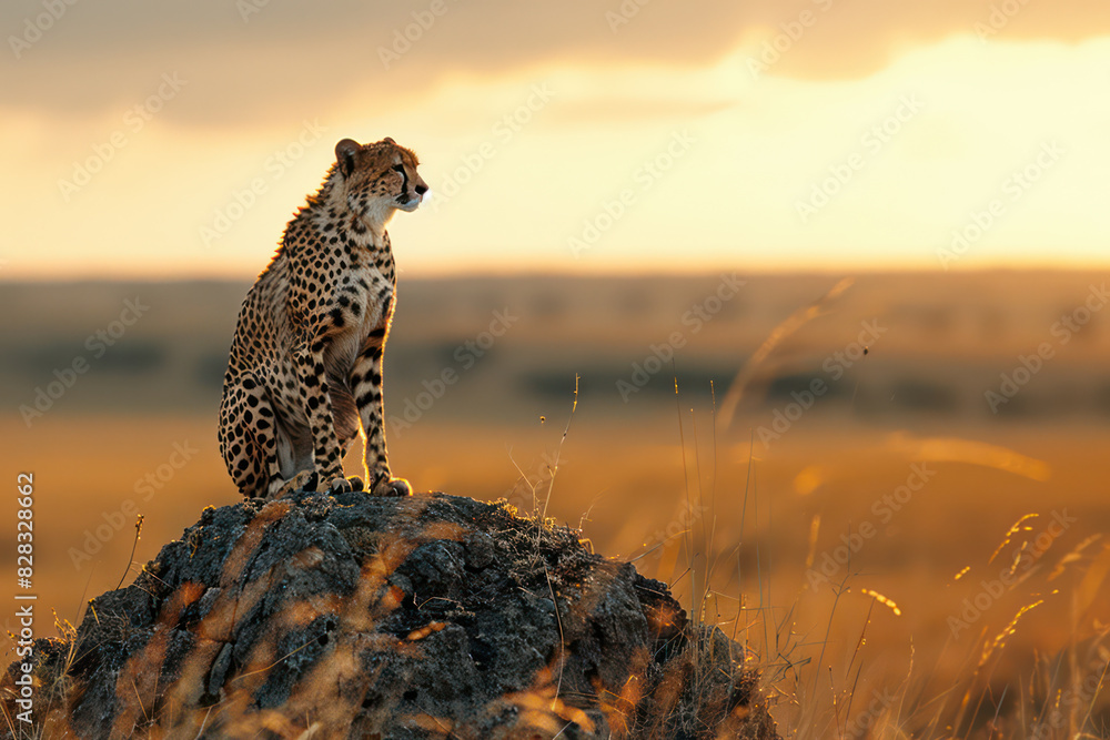 A lone cheetah surveying the landscape for prey on the savannah ...