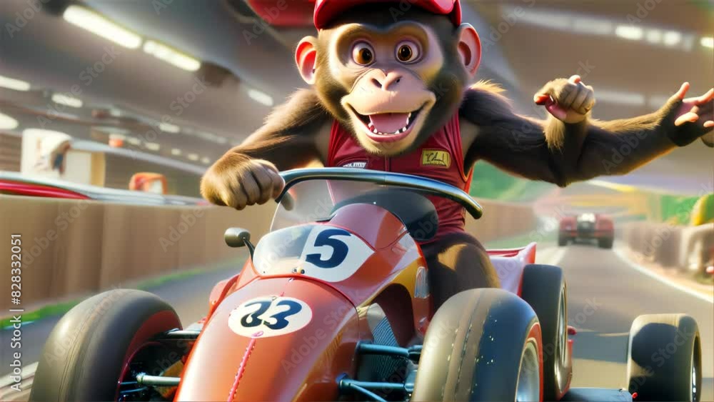 A digitally animated monkey wearing a red cap and a racing suit ...