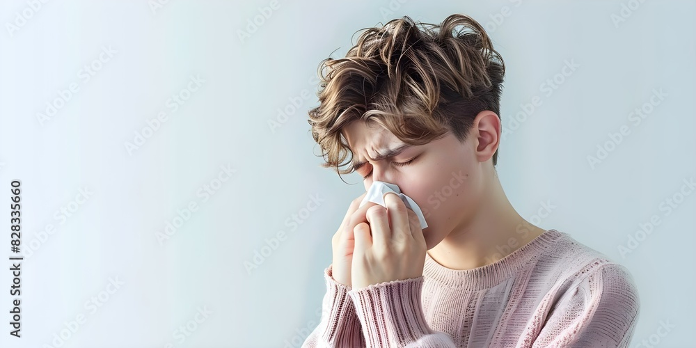 Ill person blowing nose with flu symptoms on white background with copy ...