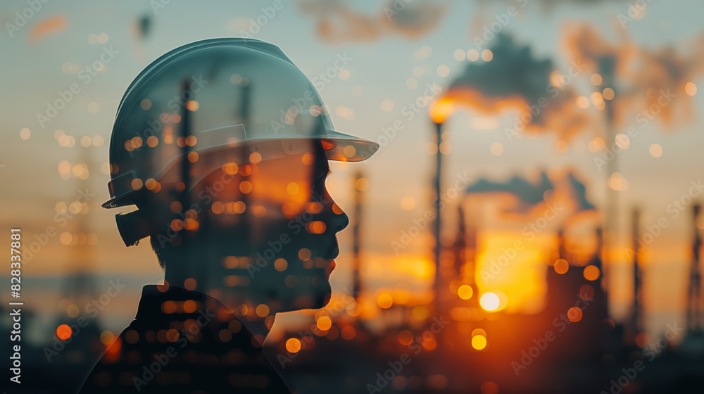 Silhouette of an engineer with a safety helmet overlaying an industrial ...