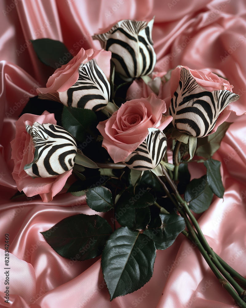 zebra print roses on a pink satin background with a zebra print ribbon ...