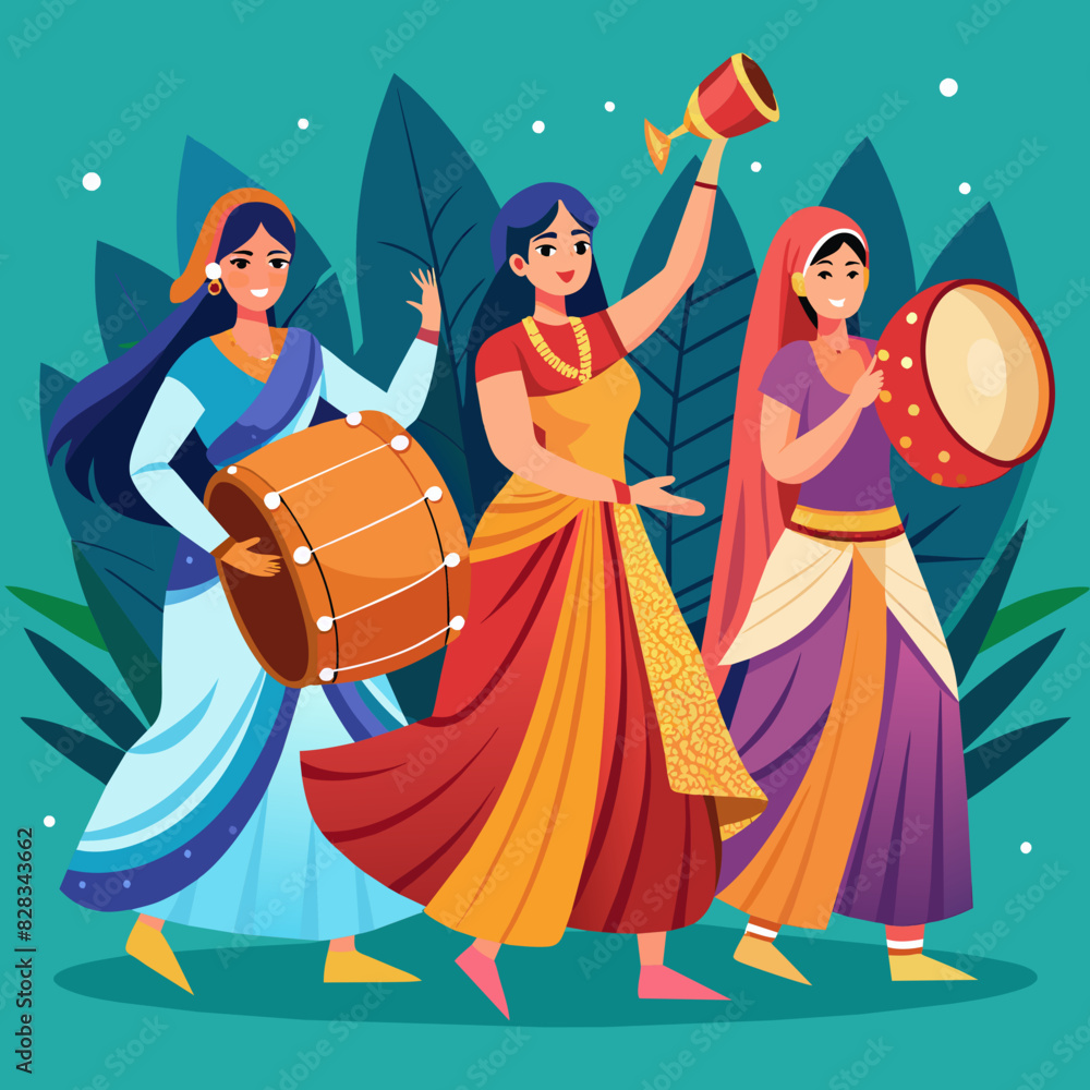 Women playing Indian musical instrument dholak in wedding function ...