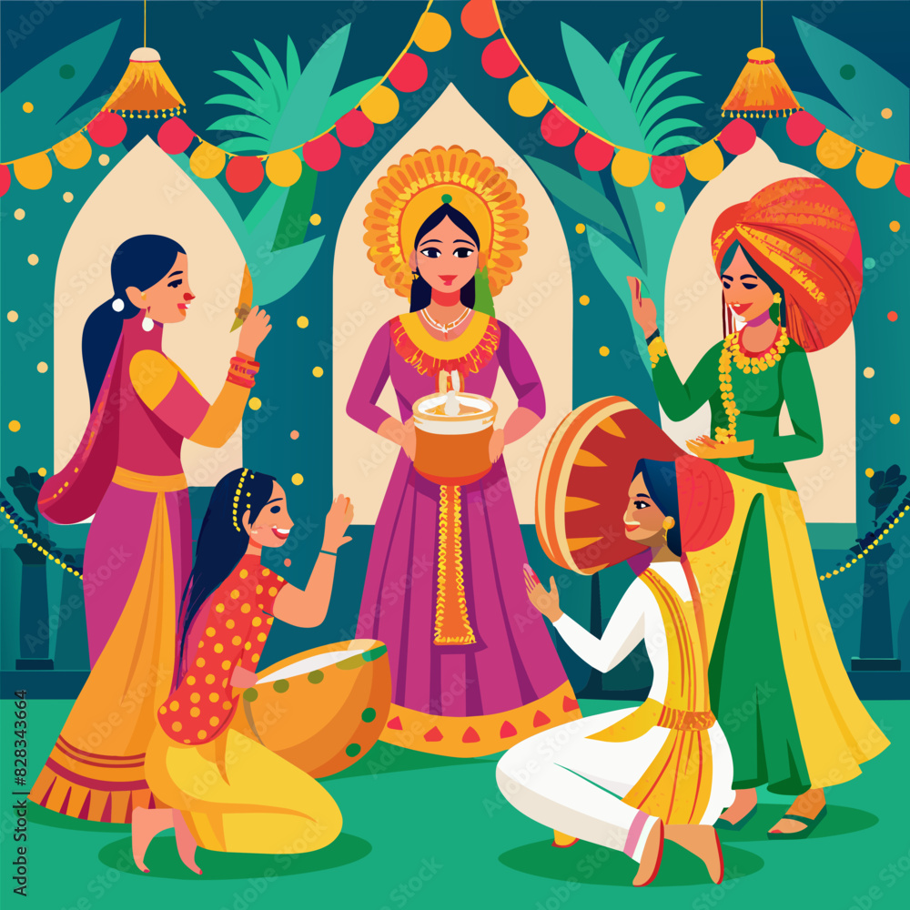 Women playing Indian musical instrument dholak in wedding function ...