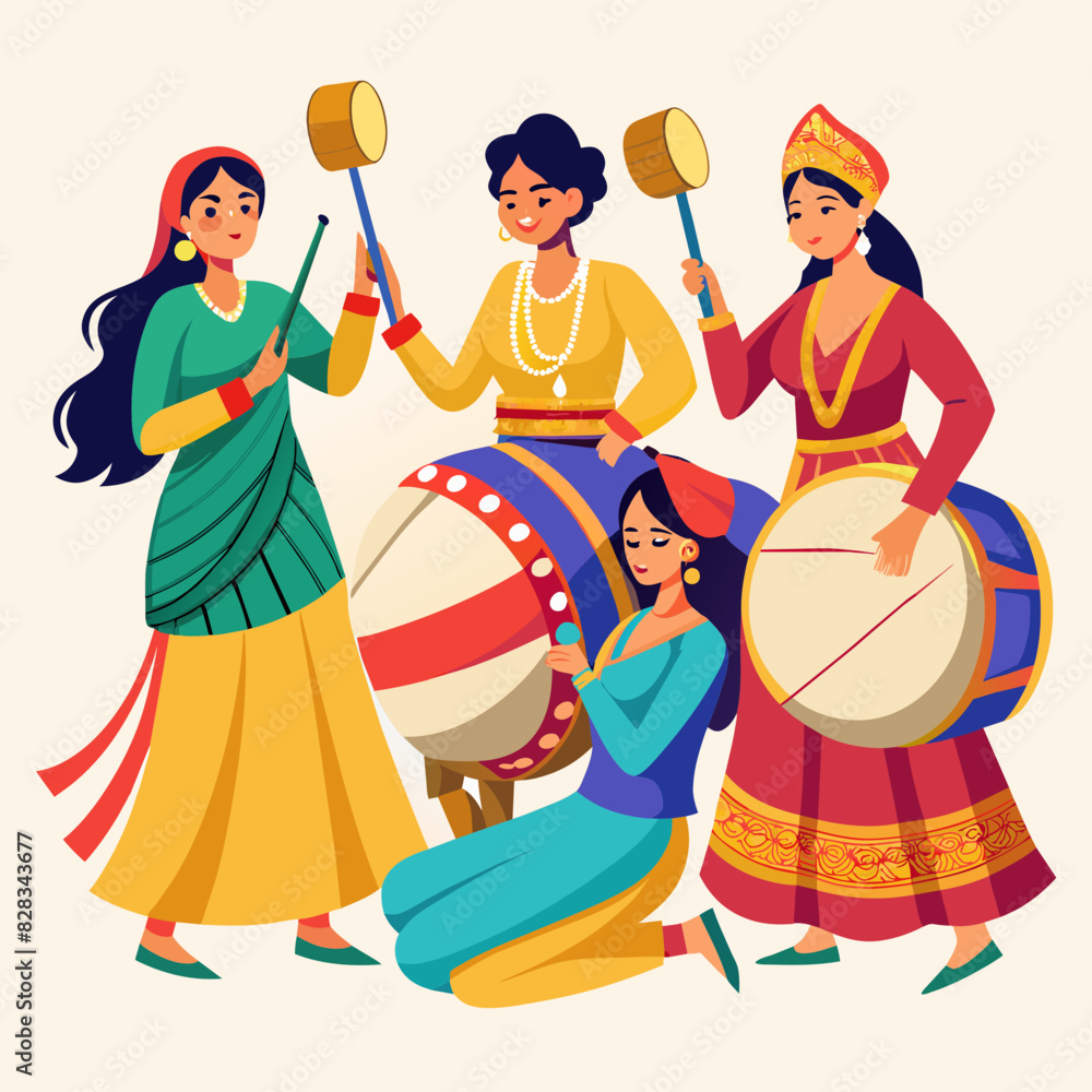Women playing Indian musical instrument dholak in wedding function ...