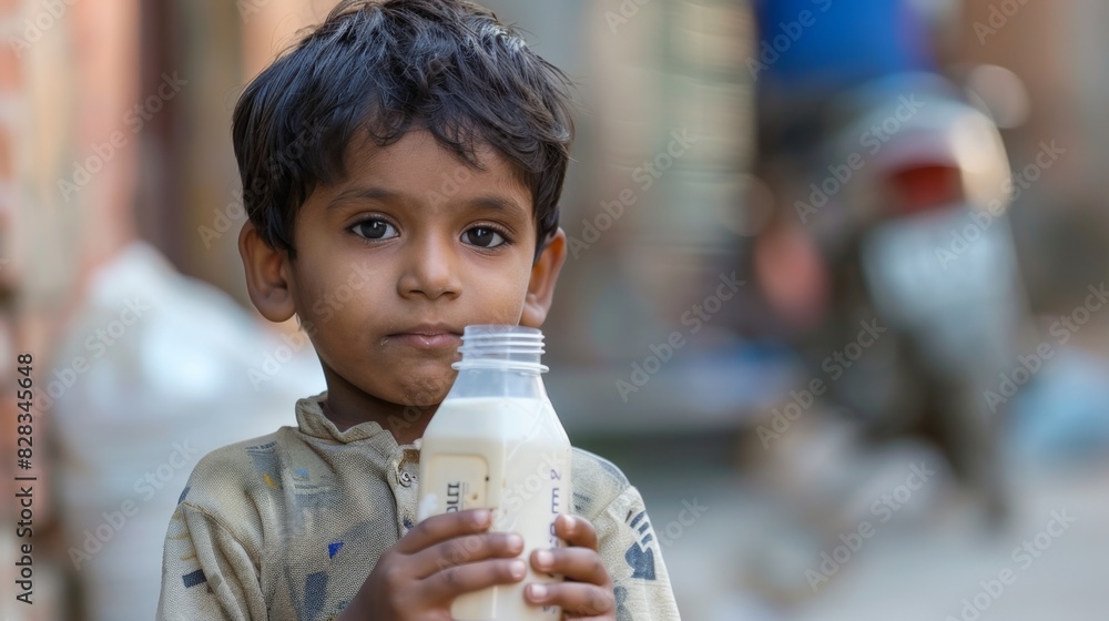 Boy holding milk powder bottle, innocent eyes, life is hard and poor ...