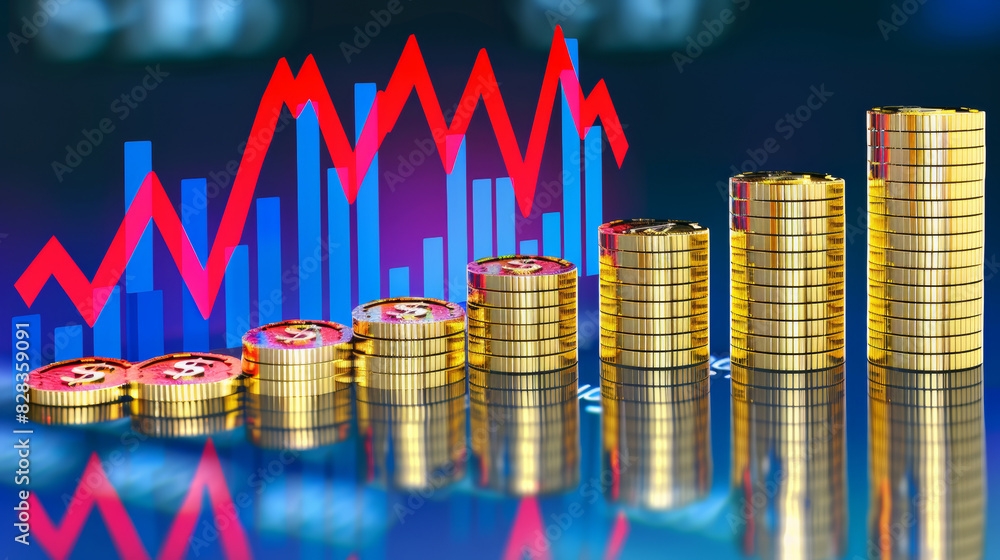 A series of gold coins are stacked on top of each other, with a graph ...