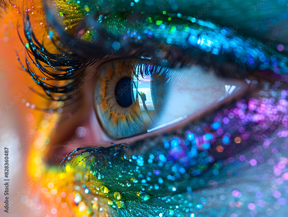Reflecting in the eye, the vivid hues of a rainbow pride flag evoke ...