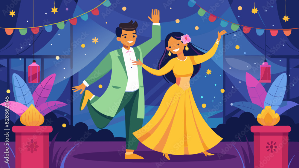 A modern flat design of a young Indian couple dancing joyously at their ...