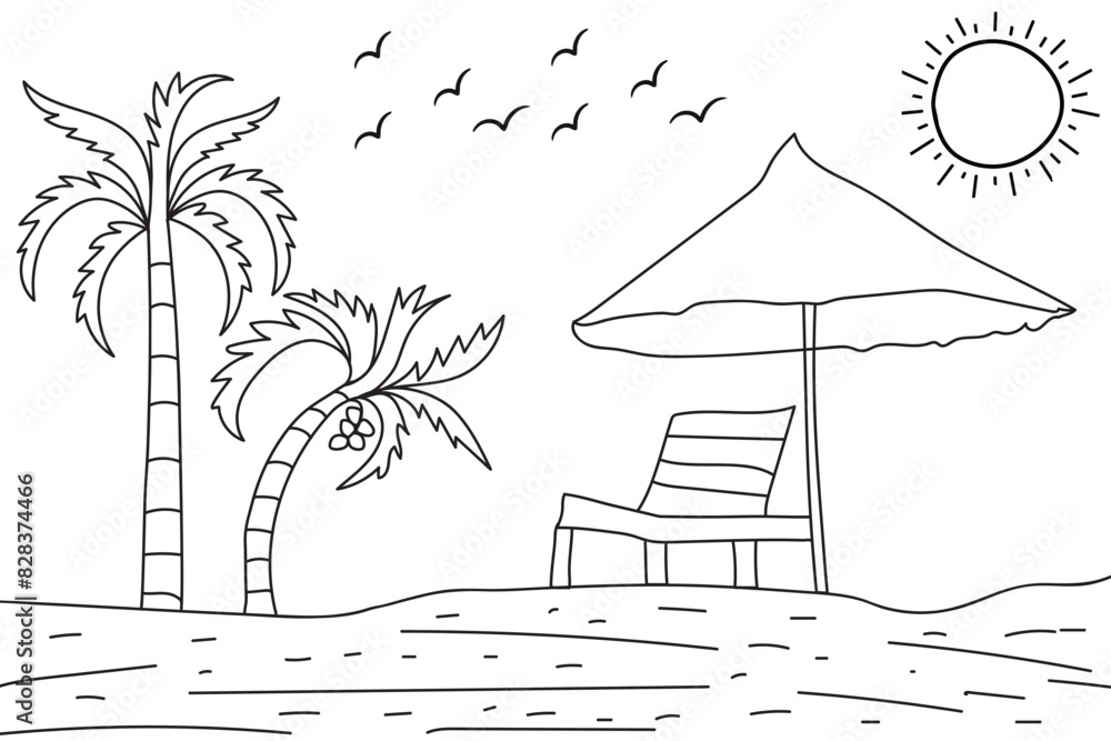 Summer sunset tropical beach line art vector illustration, hand drawn ...