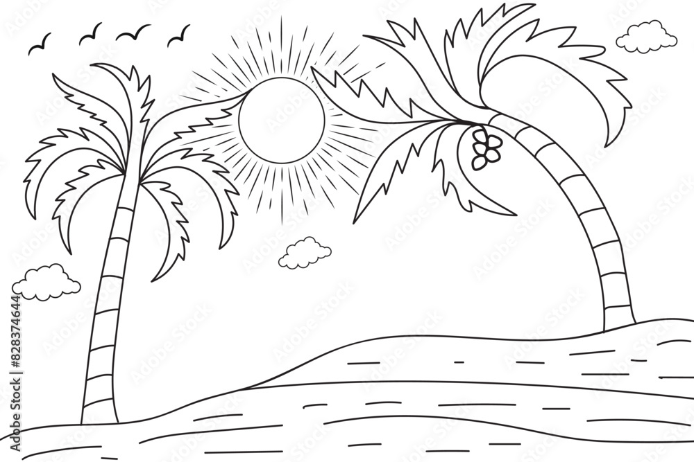 Summer sunset tropical beach line art vector illustration, hand drawn ...