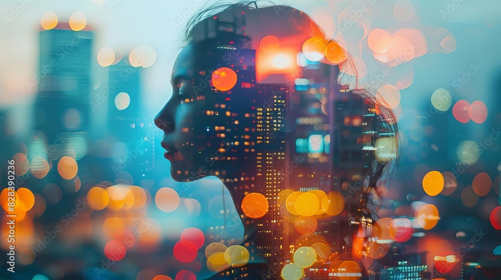 Double exposure of a womans profile blending with a starry night sky ...