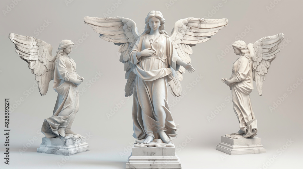 White background, stone statues of goddesses, angels, Athena, beautiful ...