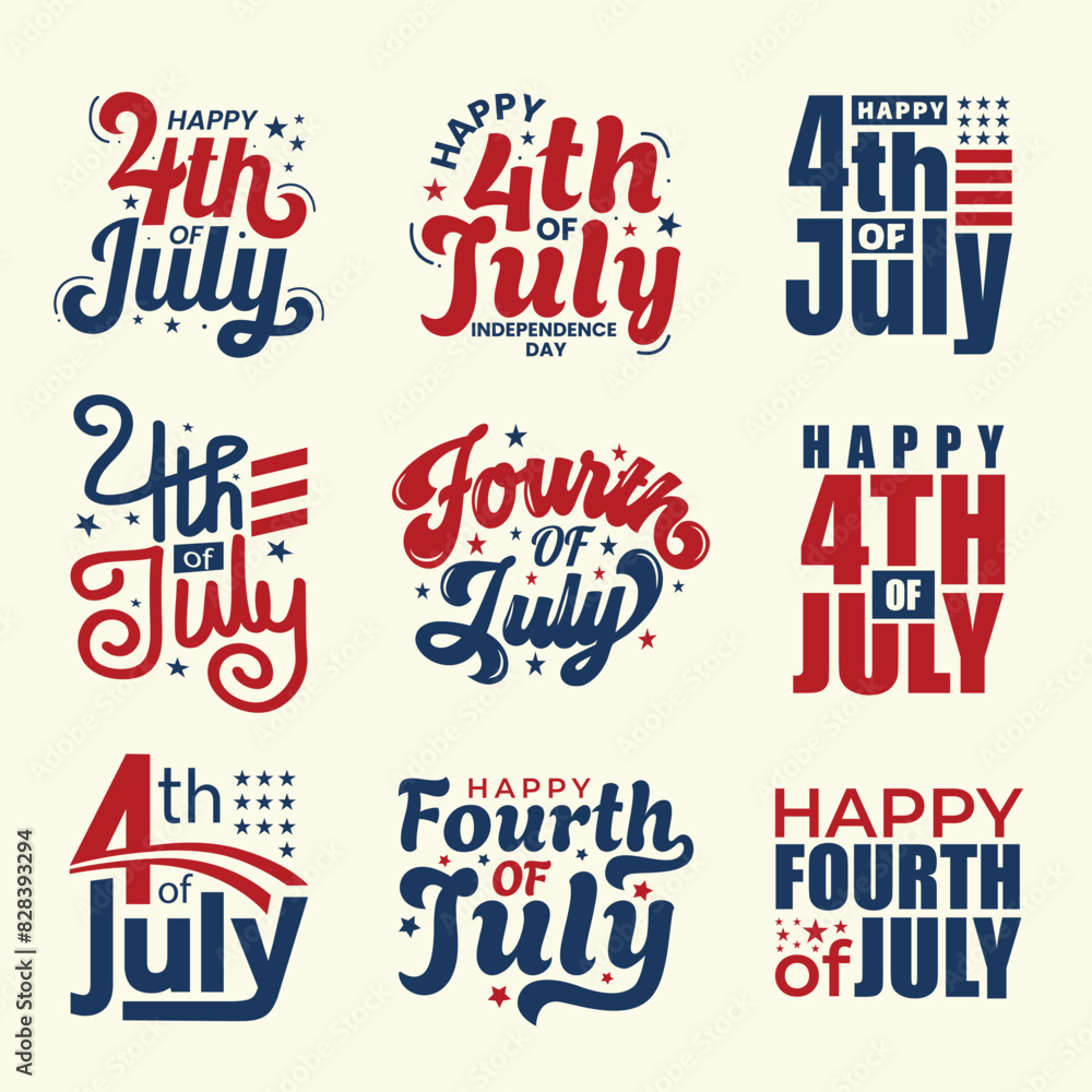 4th of July typography designs set with stars and American flag. Red ...