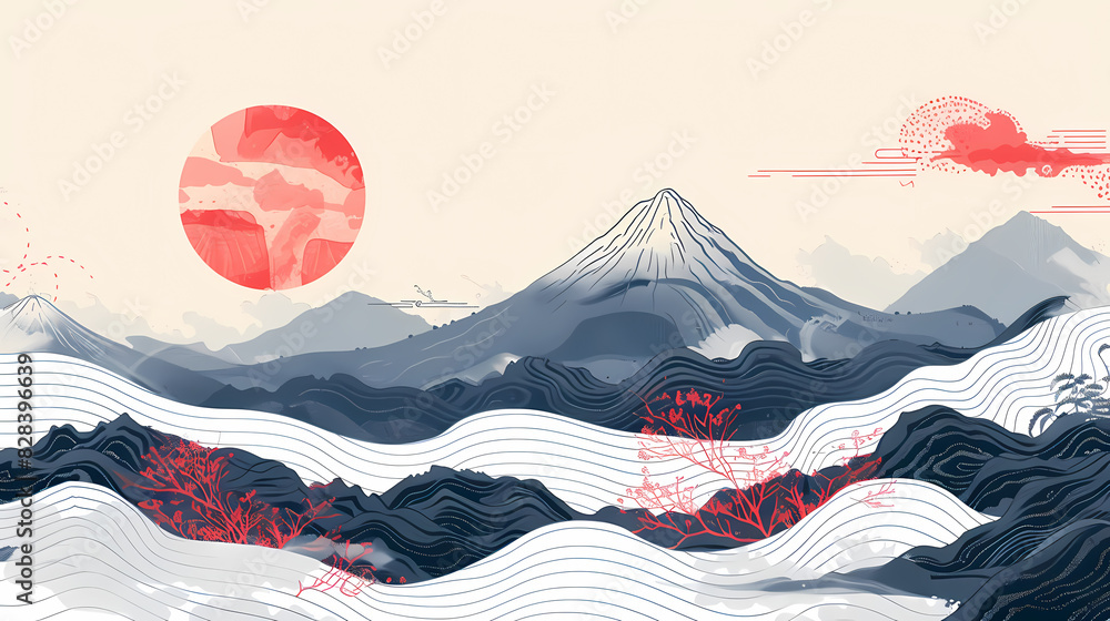 Mountain layout design in oriental style.Japanese background with line ...