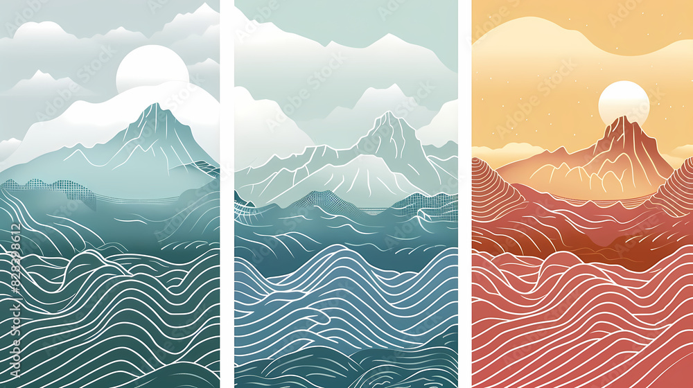 Set Mountain layout design in oriental style.Japanese background with ...