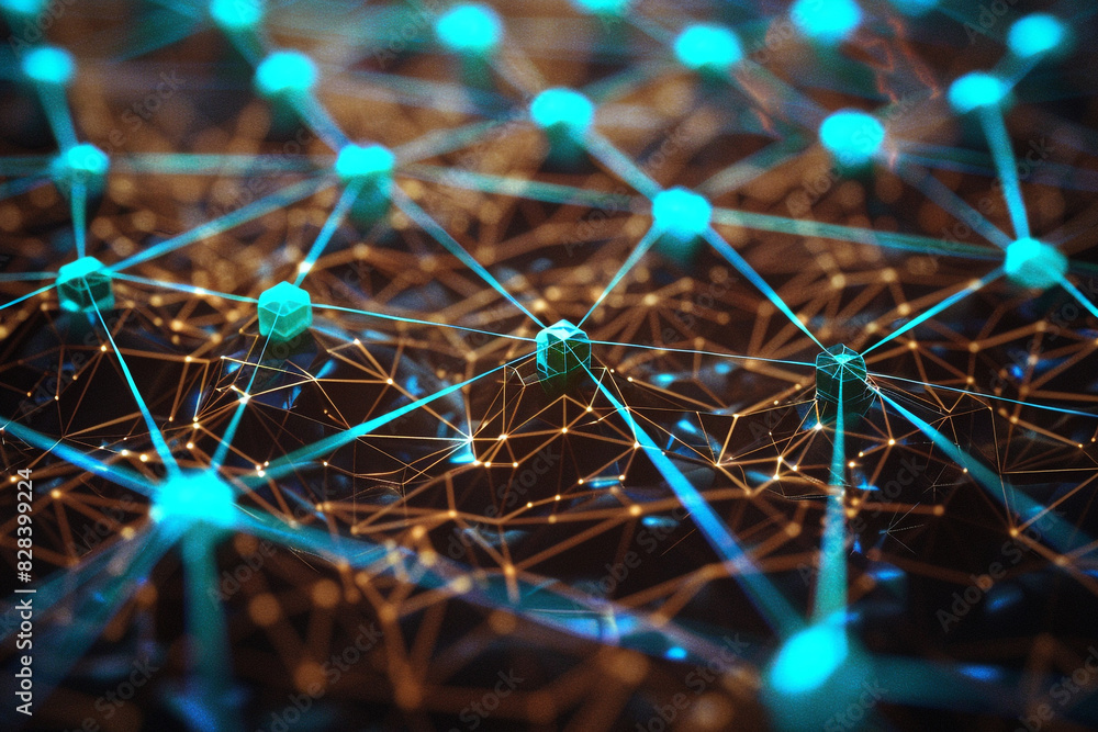 Digital art featuring a rustic brown wireframe with cool cyan plexus ...