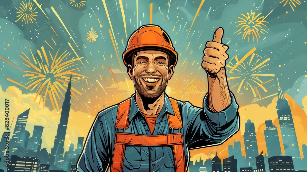 A smiling worker with a hard hat giving a thumbs up, with a cityscape ...